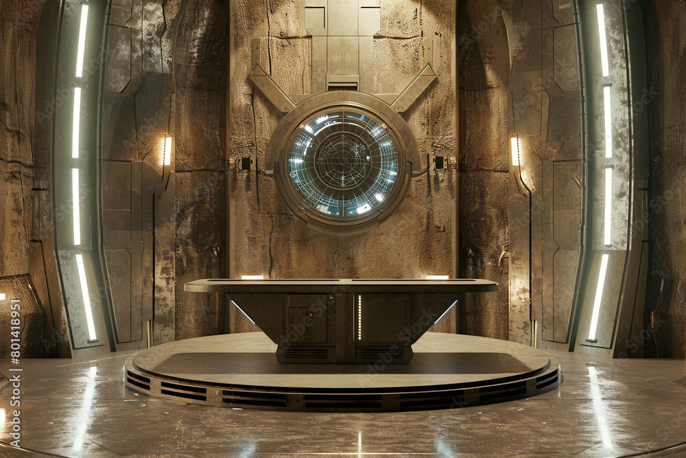 Futuristic interior of spaceship control room with large round window ...