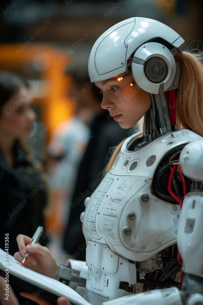 Female humanoid robot with intricate design teaches mathematics to ...