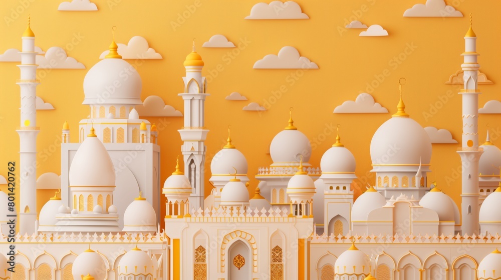 A visually captivating illustration of an ornate white and gold mosque ...
