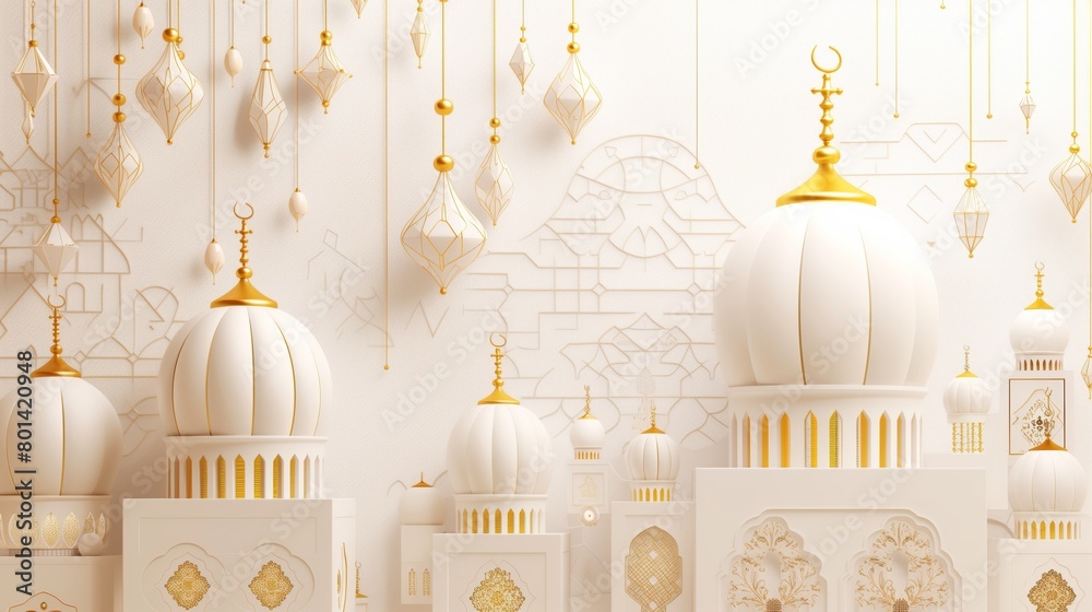 Elegant gold and white Islamic architecture and decorations on a muted ...