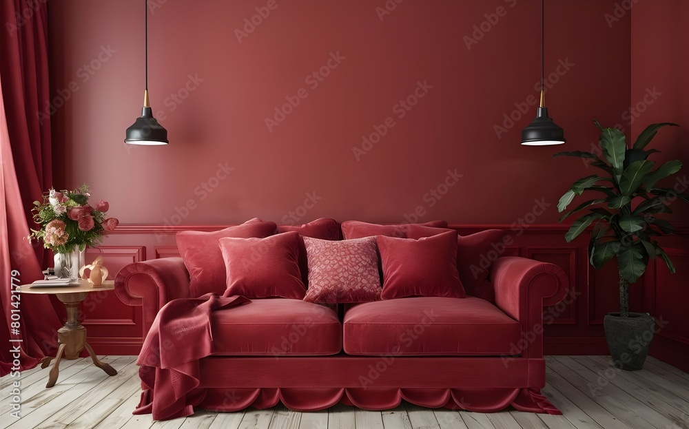Empty-painted viva magenta wall.Luxury interior design of living room ...
