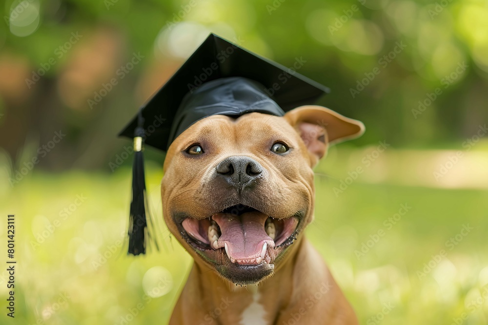 Dog with graduation hat sitting in the backyard or park on a sunny day ...