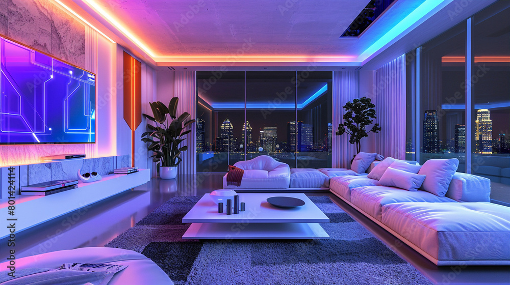 A modern living room with a large tv and colorful neon lights, the ...
