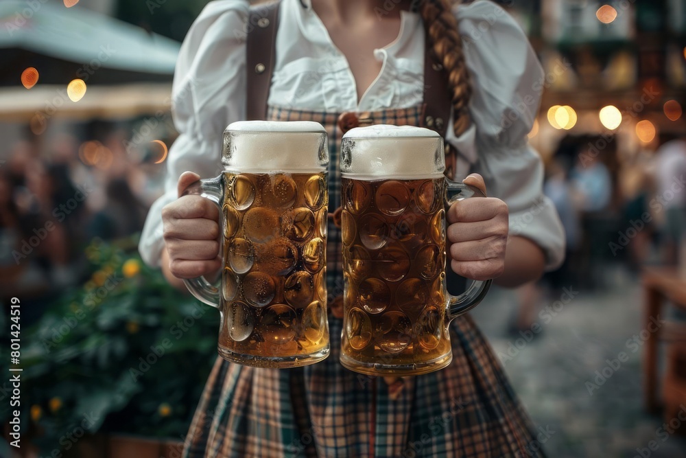 Oktoberfest beer maid carrying steins filled with beer, strength and ...