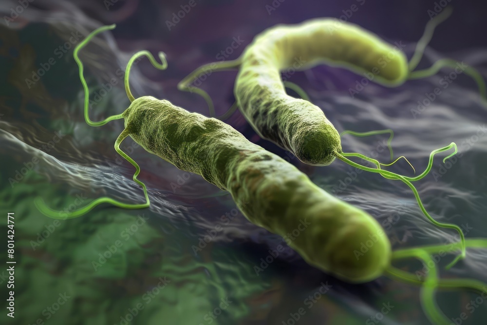 A detailed image of the bacteria Helicobacter pylori, which is often ...