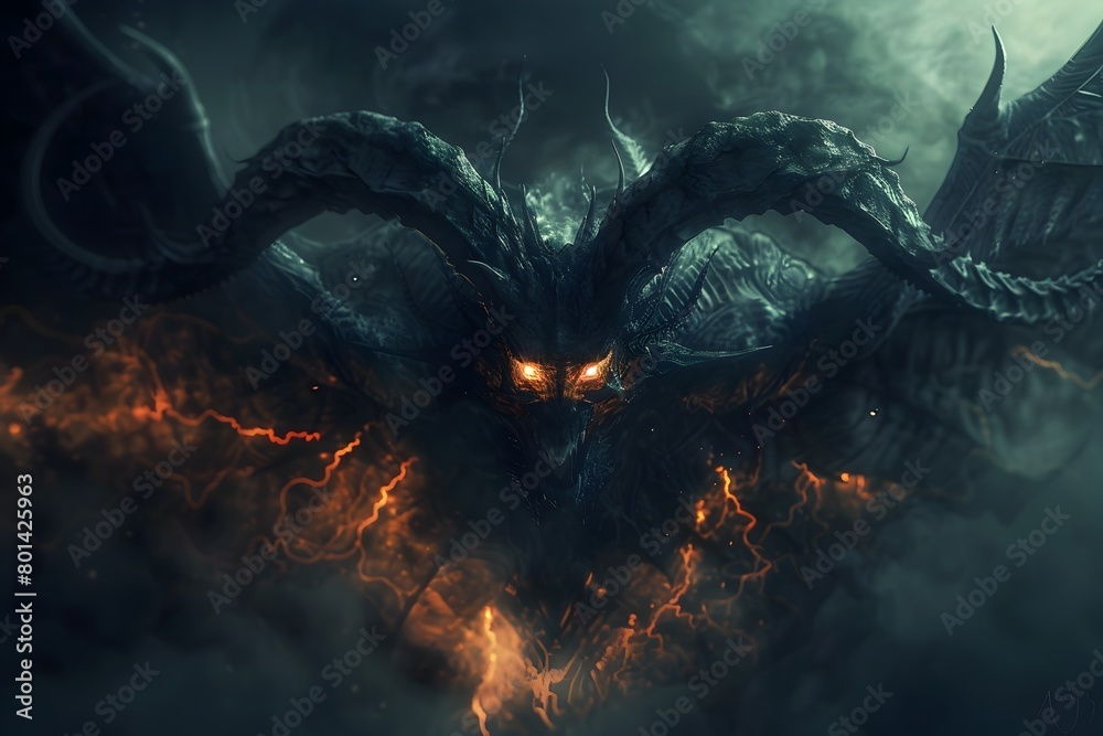 Powerful Demonic Creature Emerging from the Shadows with Towering Horns ...