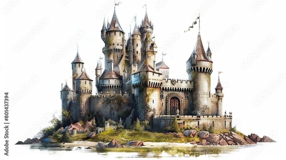 enchanted fortress fairytale castle isolated on white background ...