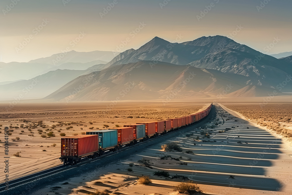 A cargo train traversing a barren, sun-scorched desert landscape, the ...