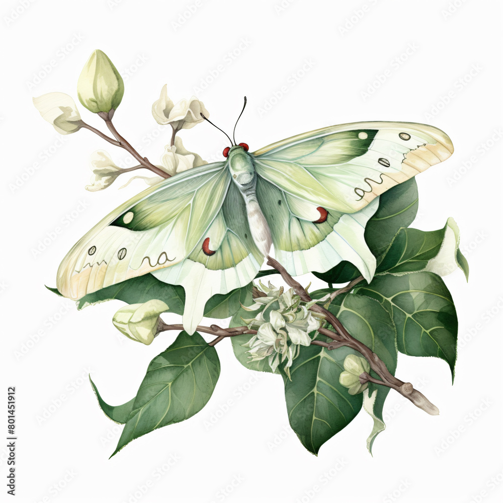 Delicate Luna Moth on White Blossoms - Pencil Drawn Nature Scene ...