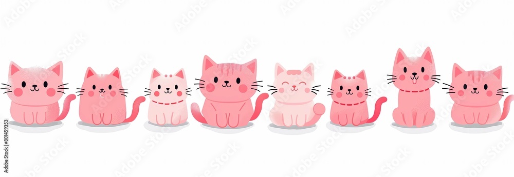 A row of pink cartoon cats isolated on a white background, with a ...