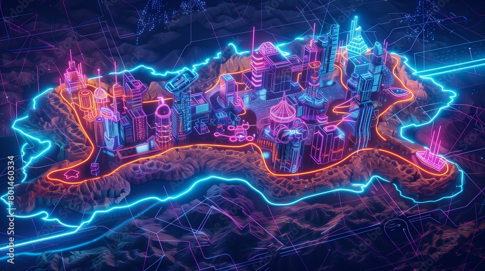 Futuristic map in a retro style, featuring neon outlines and ...