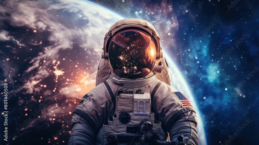 The picture of the astronaut flying in the space with the earth ...