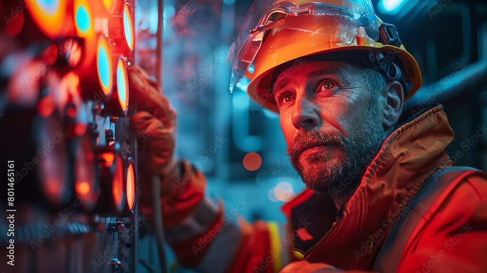 Dynamic shot of a safety officer conducting a last check of fire safety ...