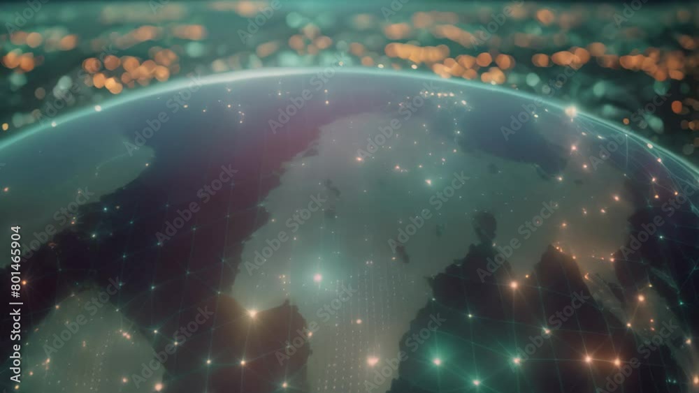 This stunning photo captures a world map adorned with bright, glowing ...