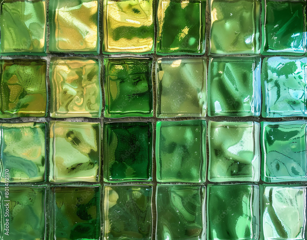 glass blocks wall texture, glass tile background, green color, flat lay ...