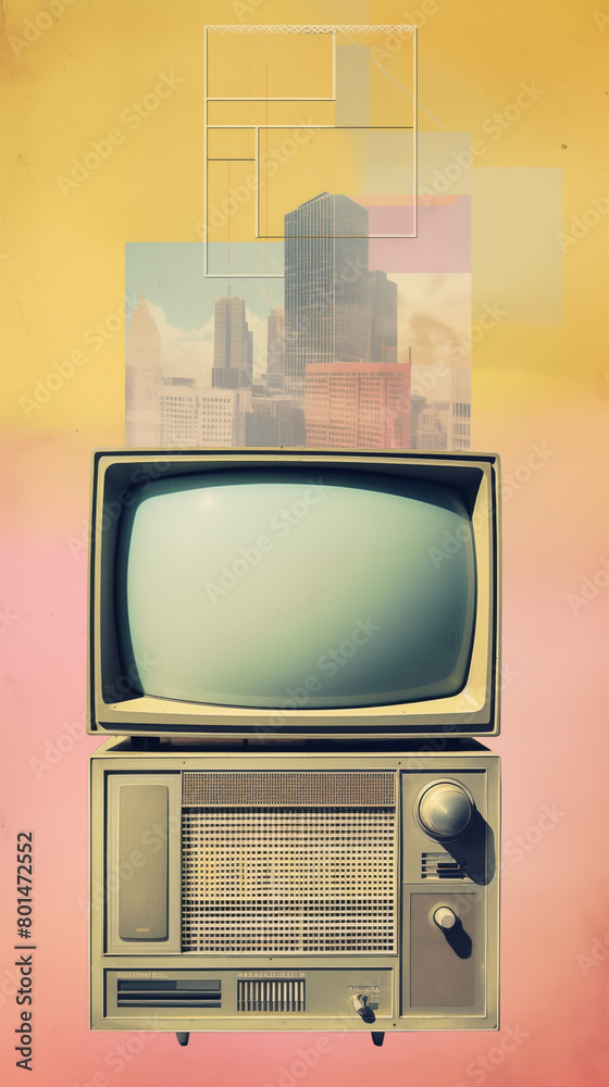 1960s-style retro television set with a surreal paper cutout collage of ...