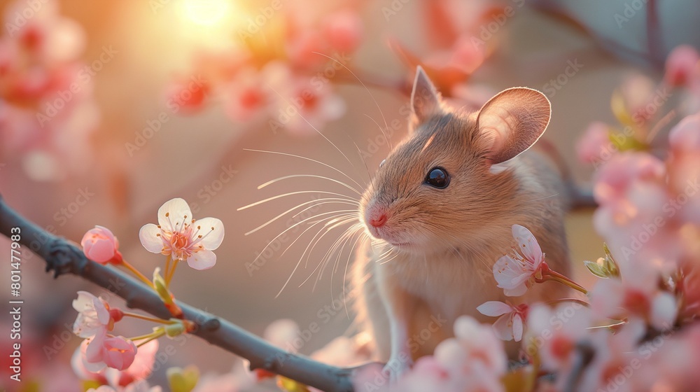 tiny cute mouse in a spring on a flowering tree branch at sunset. Stock ...