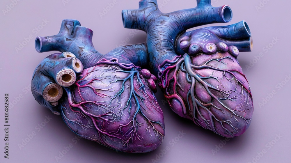 A human heart model on a purple background with two holes - one on the ...