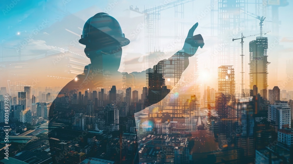 Visualize an image featuring a double exposure of a male engineer ...