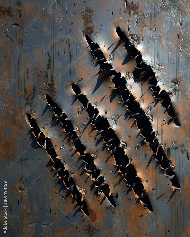 steel metal background, claw marks have slashed through the metal, deep ...