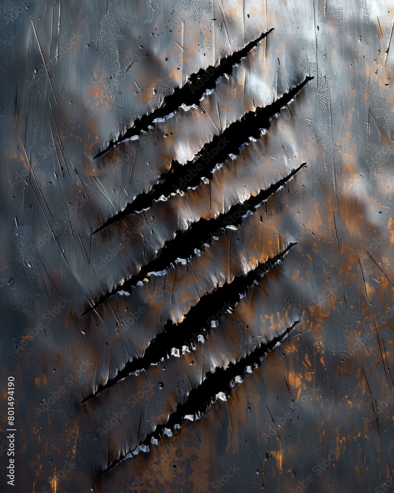 steel metal background, claw marks have slashed through the metal, deep ...