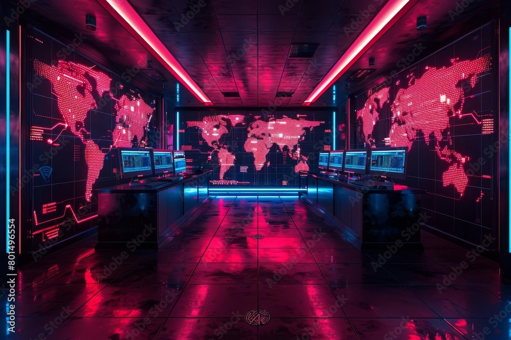 A network security data center visualizing realtime cyber attacks and defenses across a digital ...