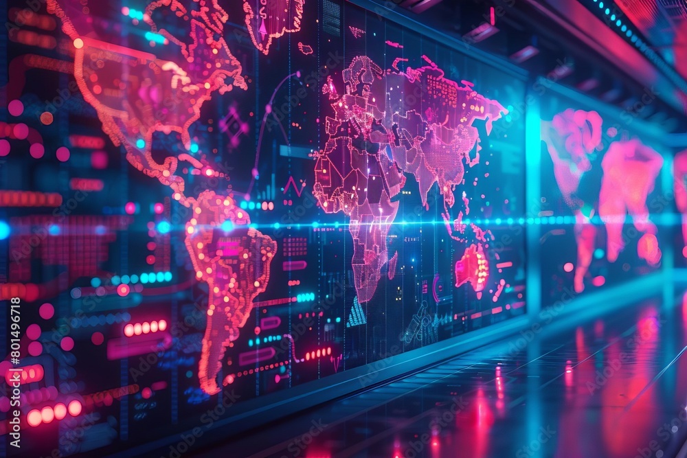 A network security data center visualizing realtime cyber attacks and ...