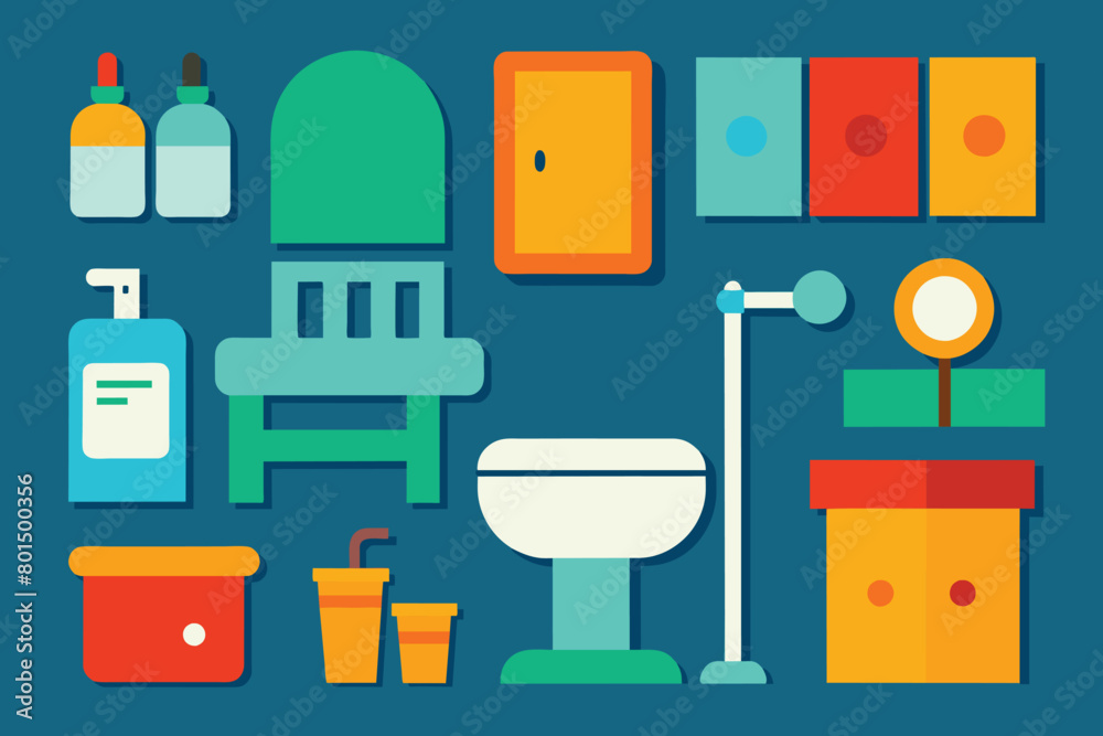 School toilet interior icons set cartoon vector. Public restroom ...