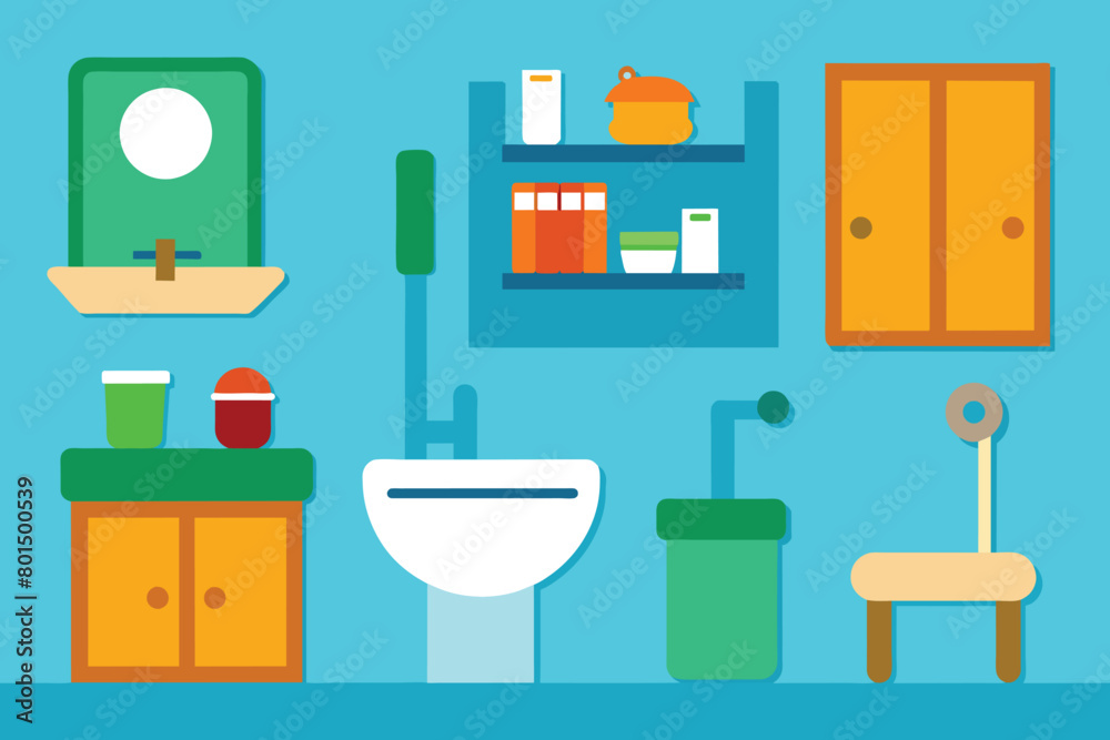 Vetor de School toilet interior icons set cartoon vector. Public ...