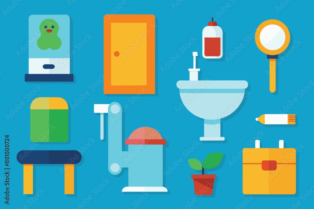 School toilet interior icons set cartoon vector. Public restroom ...