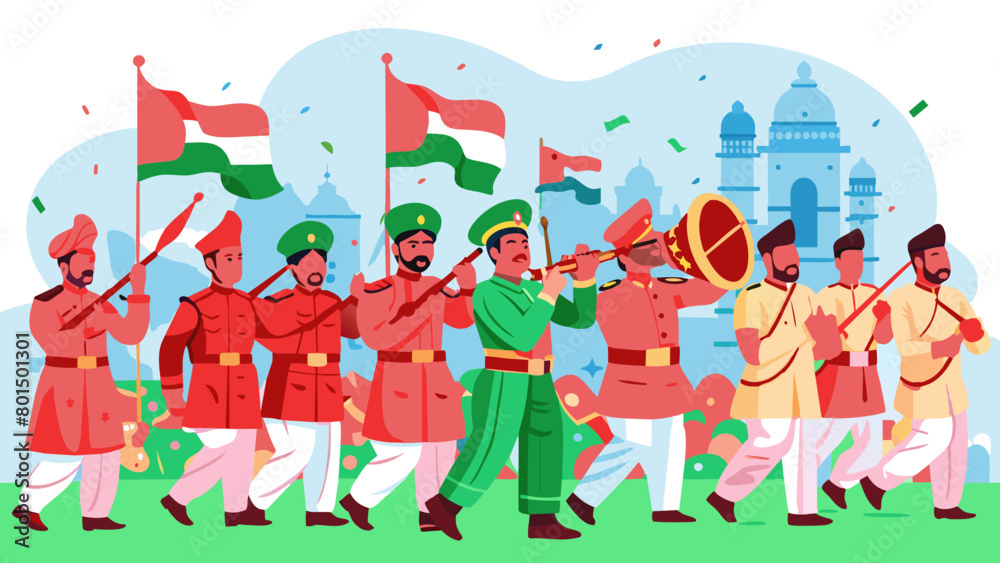 Vibrant Indian Military Parade Illustration with Iconic Landmarks Stock ...