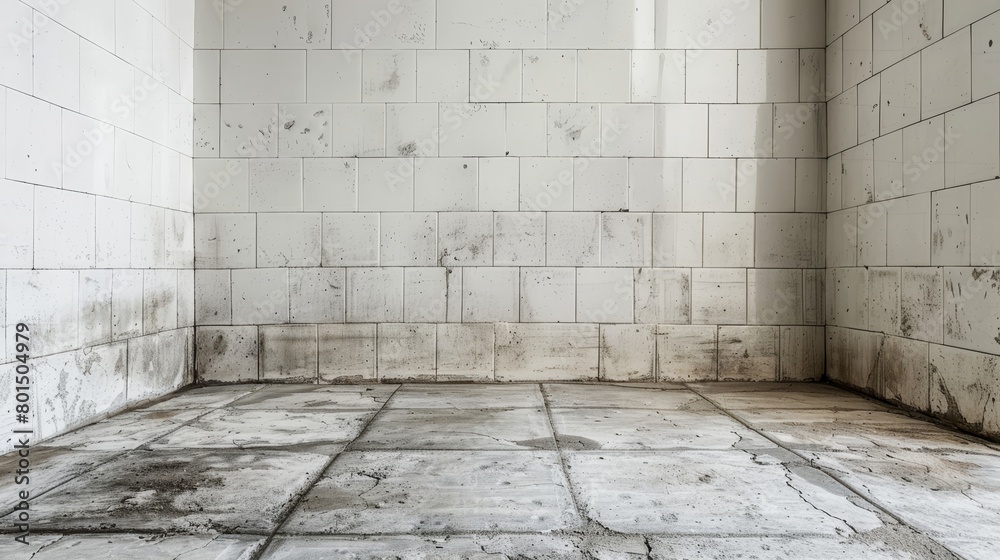 An empty room featuring white brick walls and a grubby floor due to ...
