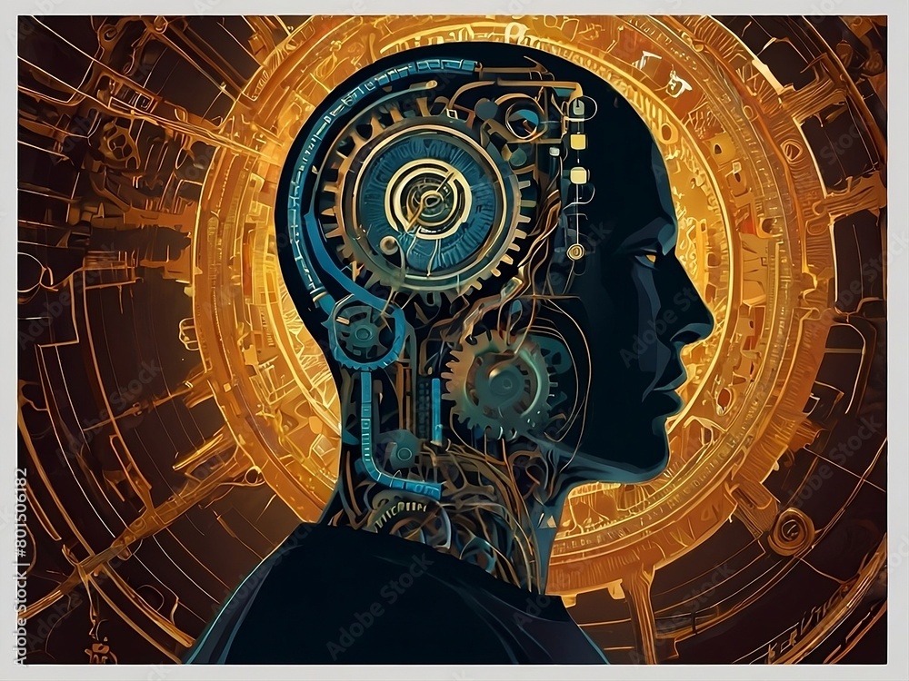Depict a person surrounded by a swirling vortex of intricate gears and ...