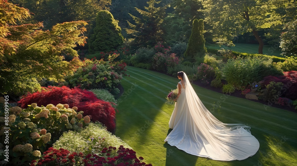 bridal photo, where the bride stands against a backdrop of lush gardens ...