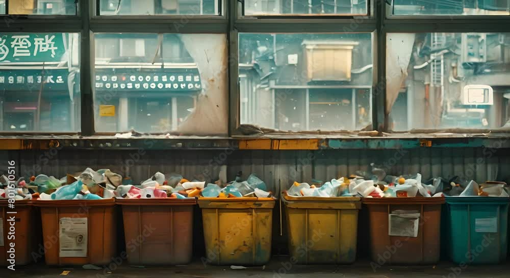 Bins filled with trash in a commercial setting demonstrate waste ...