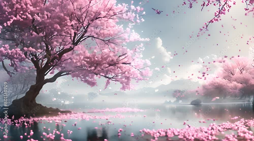 Spring background with sakura. Wide angle. Sparkling water river ...