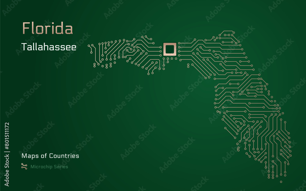 Florida Map with a capital of Tallahassee Shown in a Microchip Pattern ...
