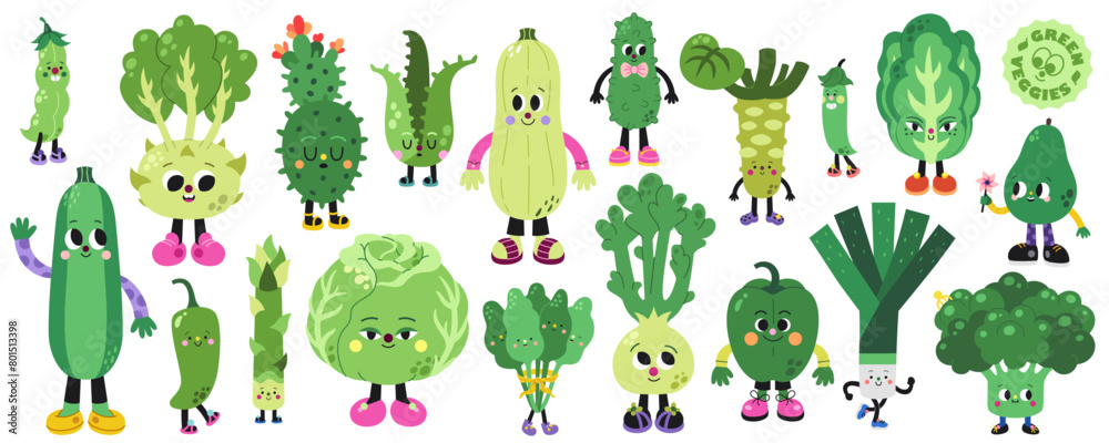 Cute cartoon green vegetables vector set on a white background. Stock ...
