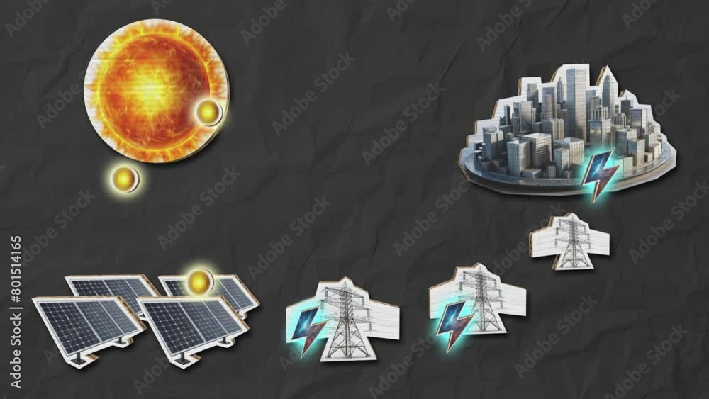 Solar panels are charged from the sun and transmit energy to the city ...