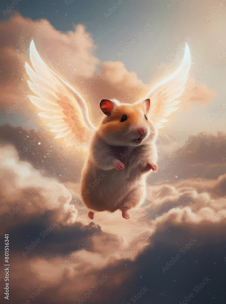 Cute hamster angel in animal heaven. Oil painting on canvas with ...