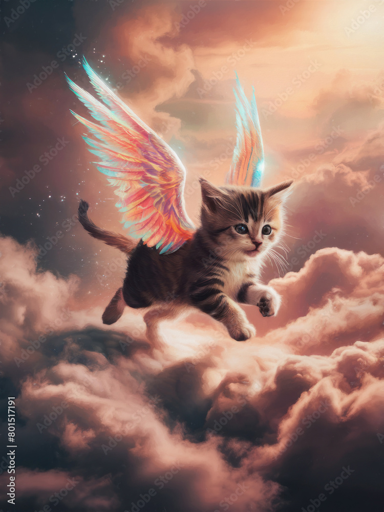 Cute kitten angel in animal heaven. Oil painting on canvas with texture ...