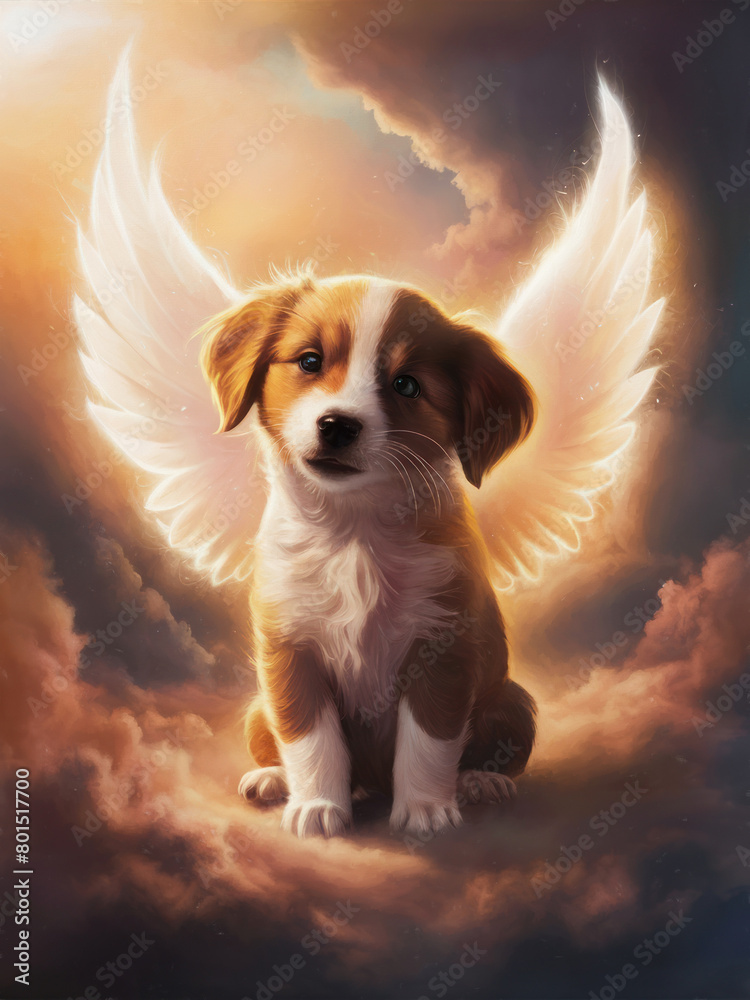Cute puppy angel in animal heaven. Oil painting on canvas with texture ...
