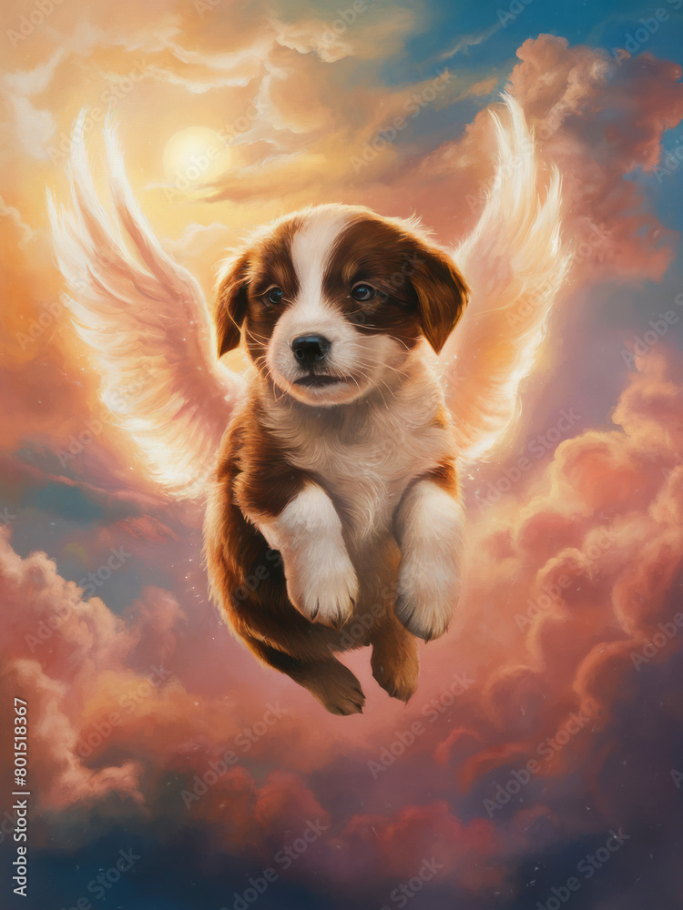 Cute puppy angel in animal heaven. Oil painting on canvas with texture ...
