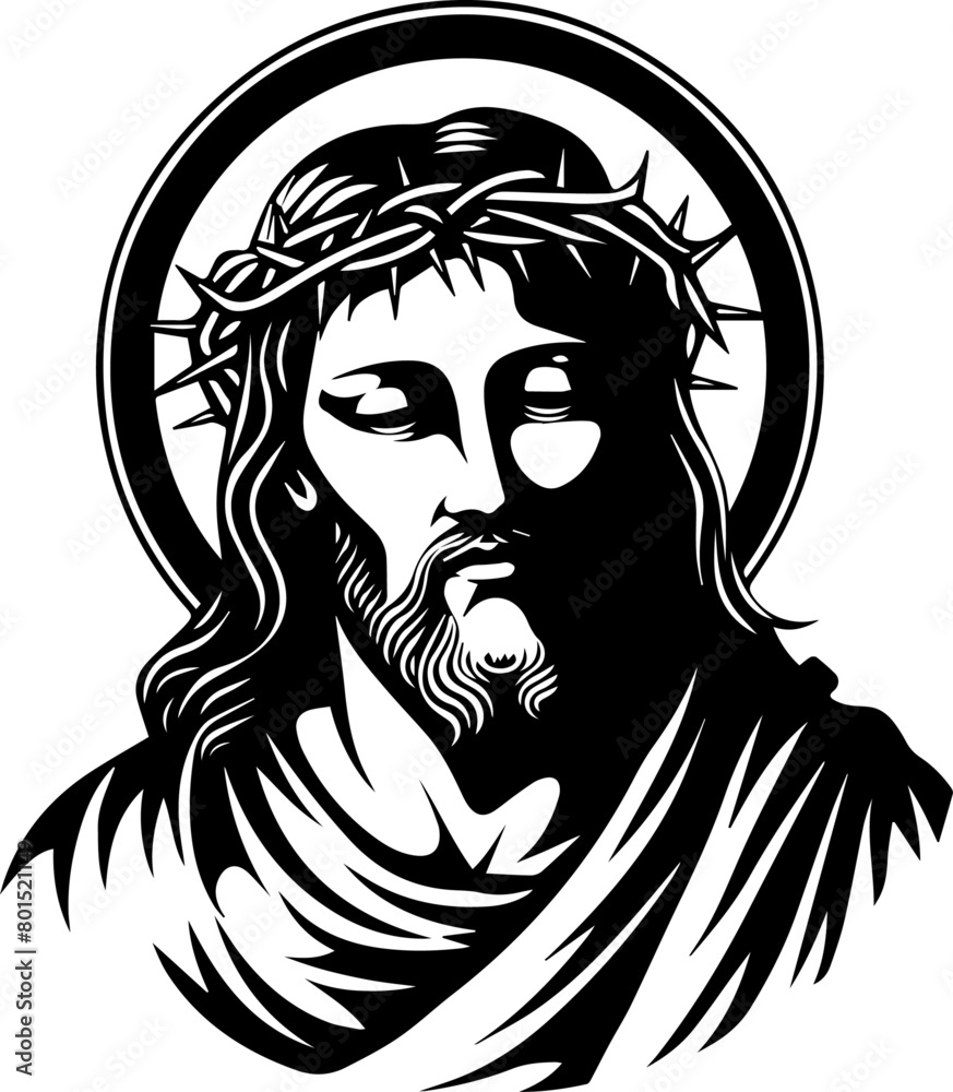 jesus christ wearing a crown of thorns iconography black vector ...