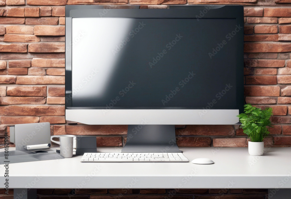 'illustrating 3d wall brick empty screen computer isolated workspace ...
