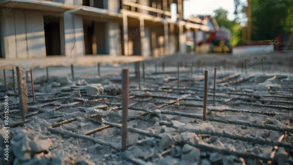 Concrete reinforcement framework at a building construction site during ...
