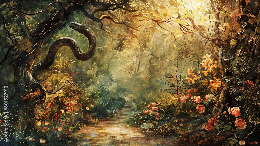 Poster, Foto serpent tempting eve in the garden of eden biblical story ...