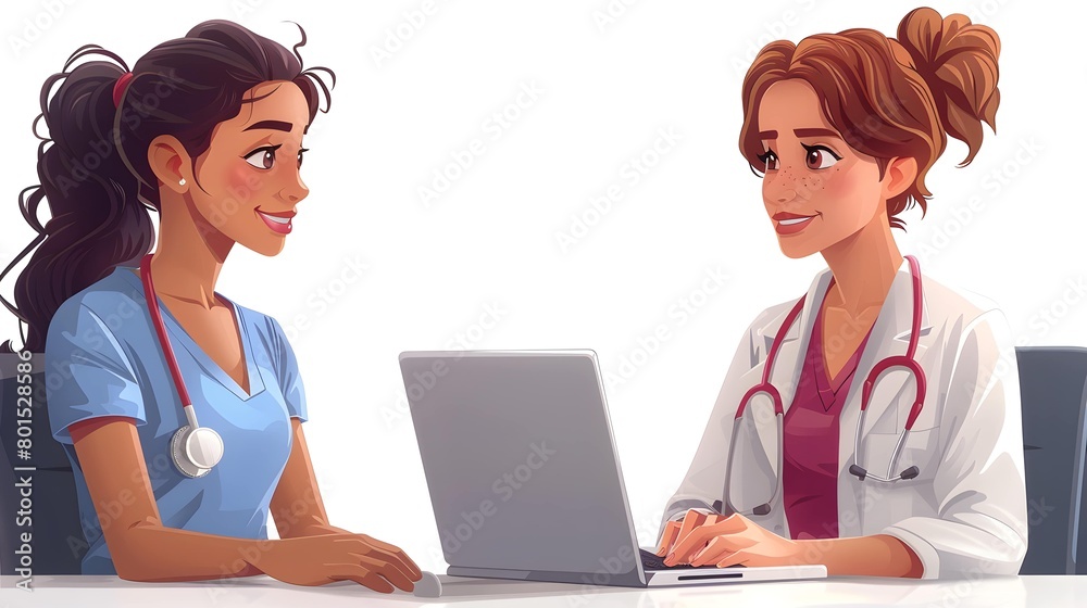 Female doctor and nurse working on computer isolated on white ...