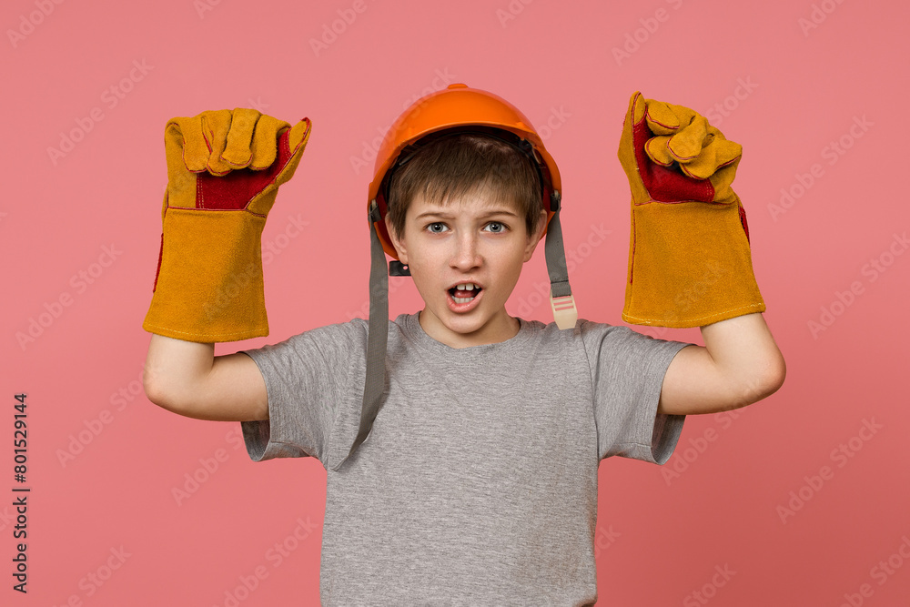 The concept of a rallying or striking construction worker or a boy in a ...