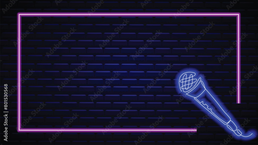 Neon microphone. Glowing border frame. Isolated on brick background ...